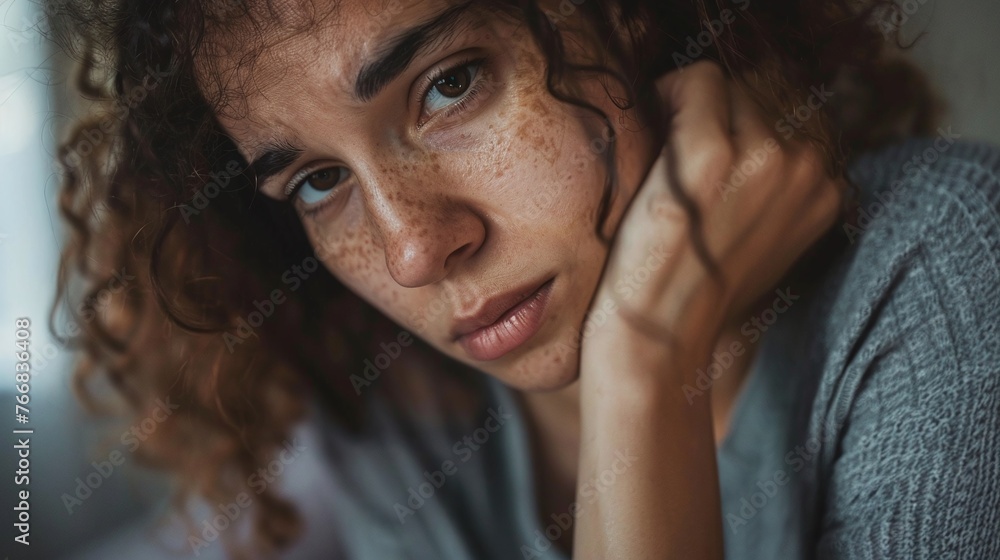 sad and tired woman in a quiet home setting dealing with depression and ...