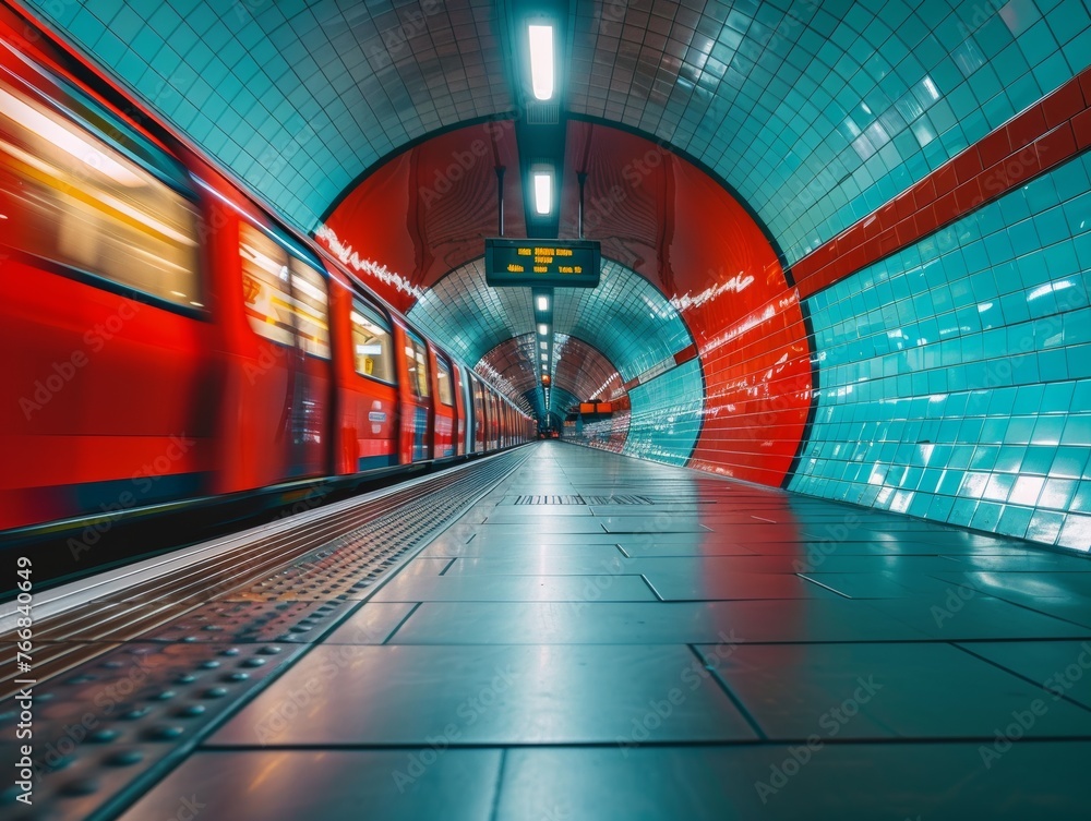 Red tube train in motion, captured perspective of someone standing on ...