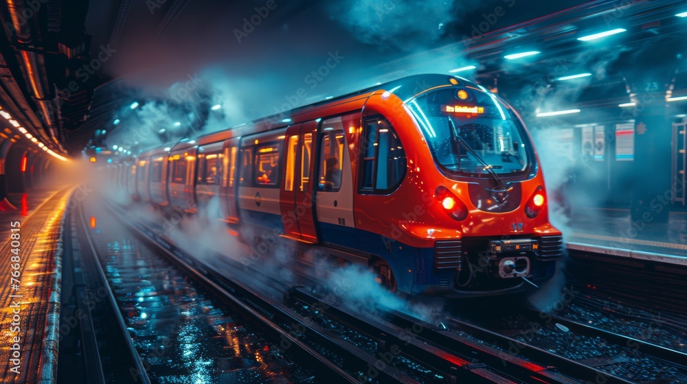 Red tube train in motion, captured perspective of someone standing on ...