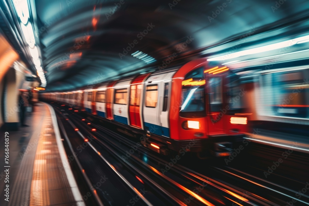 Red tube train in motion, captured perspective of someone standing on ...