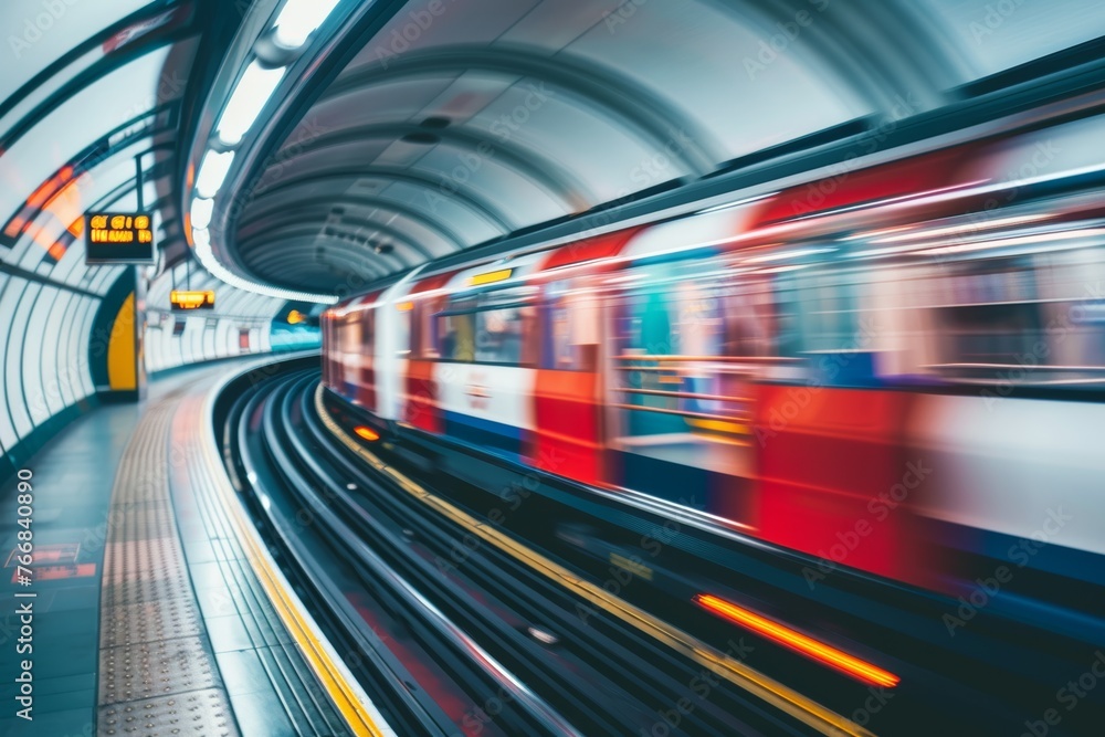 Red tube train in motion, captured perspective of someone standing on ...