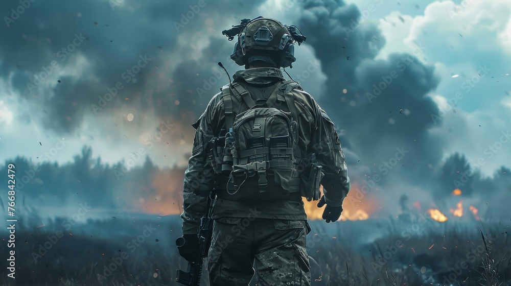 Modern War : Soldier with tactical military HUD and battlefield ...