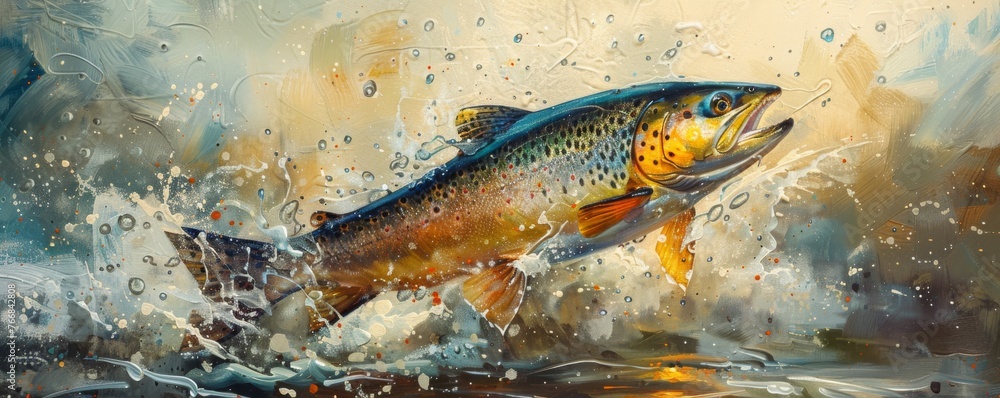 Rainbow trout leaps with a splash, a dynamic dance above water as it ...