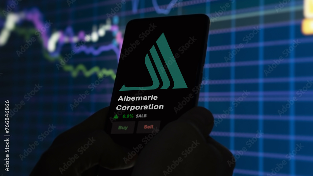 Close up on logo of Albemarle Corporation on the screen of an exchange ...