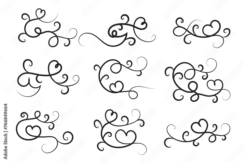 Filigree curly Calligraphic Heart, Fancy Line Flourishes Swirls hearts ...