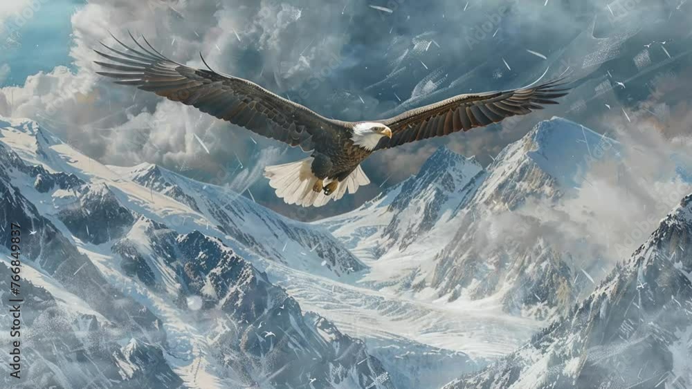 eagle fly over snowy mountains. artwork featuring a majestic bald eagle ...