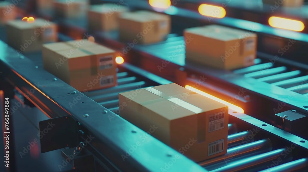 detailed view of cardboard boxes on a conveyor belt in a warehouse ...