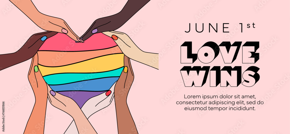 Pride month celebration concept background. People's hands folded into ...