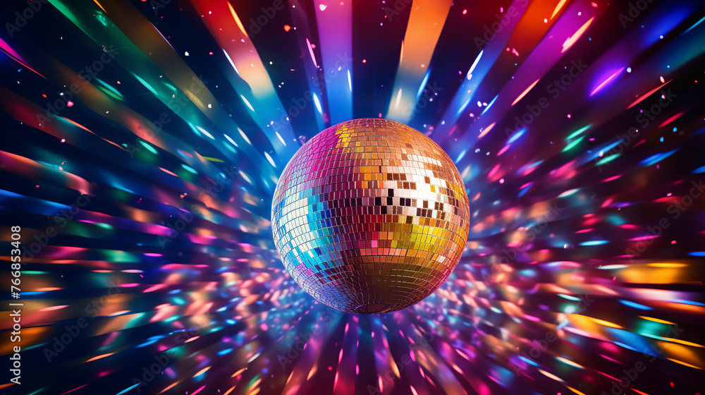 Party disco ball with stars in nightclub with striped walls lit by ...