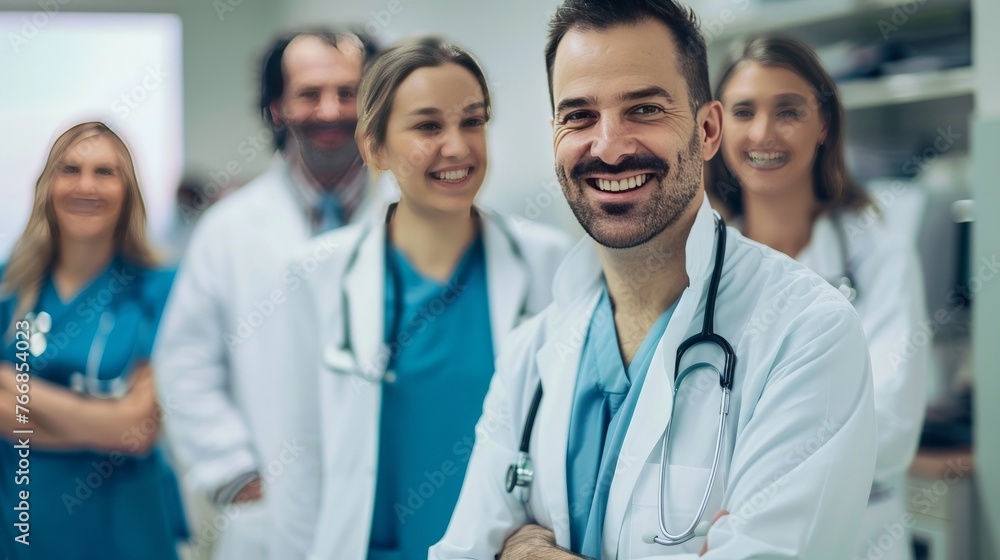 The image depicts a group of medical professionals in a hospital ...