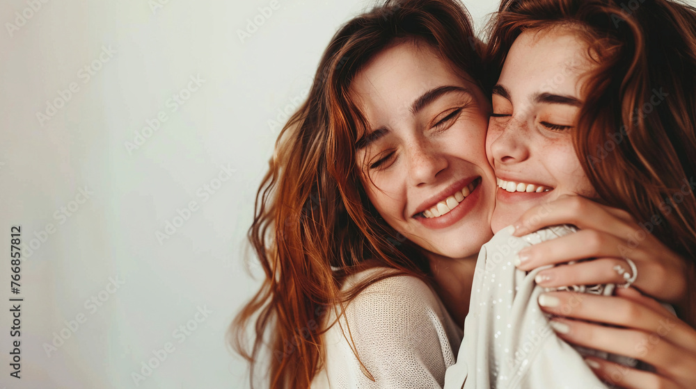 Dos mujeres caucásicas jóvenes dándose un abrazo y sonriendo. Dos ...