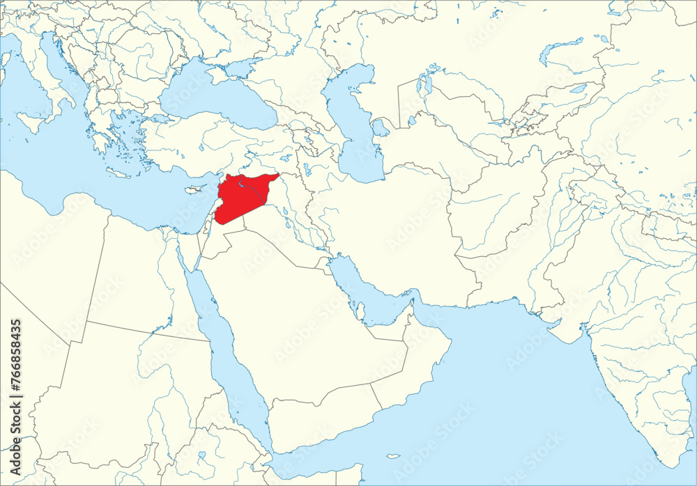 Red detailed CMYK blank political map of SYRIA with black national ...