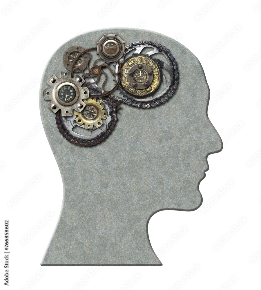 Steampunk style metal human's head and brain made of gear. Metallic man ...