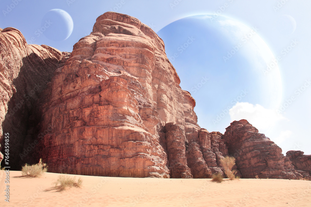 Fantastic scenic with sand desert, rock and planets in sky. Beautiful ...