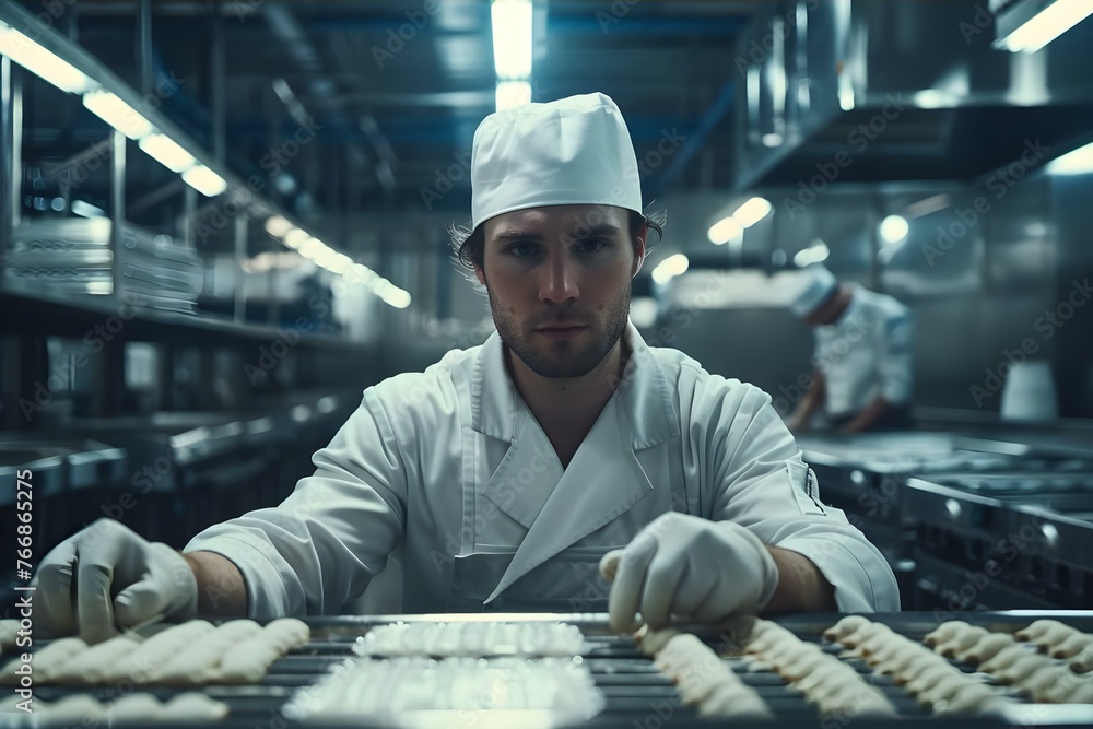 A food manufacturing worker monitoring production process to ensure ...