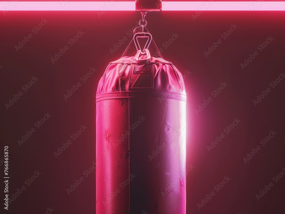 Pink punching bag swinging from powerful hit, fluorescent lighting ...