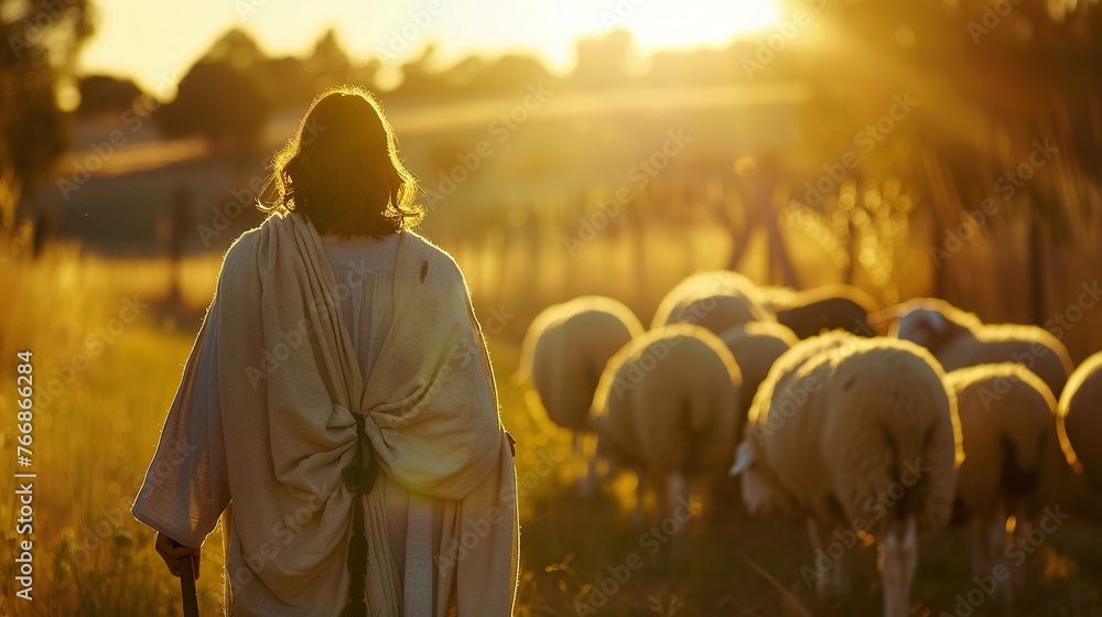Jesus Christ Leading Sheep and Praying to God in Field Bright Sunlight ...