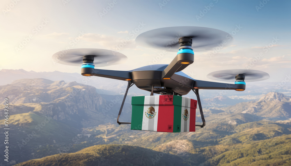 Package cardboard box with flag Mexico drones fly above sky, business ...
