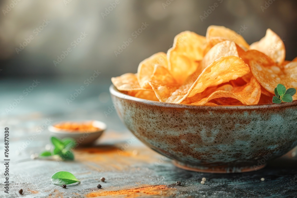 Crispy Golden Homemade Potato Chips. A bowl of freshly made golden ...