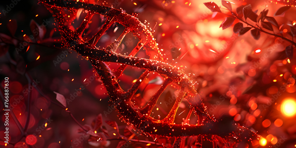 A close up of a dna strand with red dots in the background, DNA Strand ...