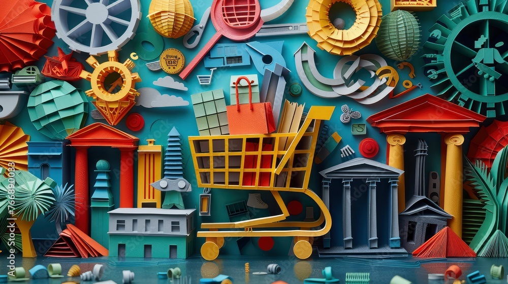 Papercut Illustration of a Shopping Cart on a Soft Pastel Background: A ...