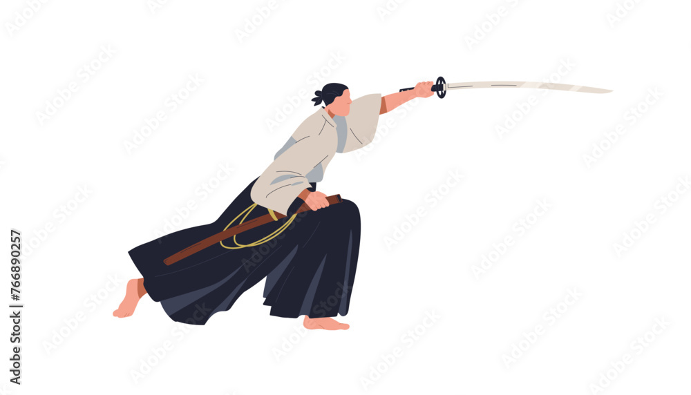 Iaido fighter. Japan iai wrestler in attacking pose, fight stance ...