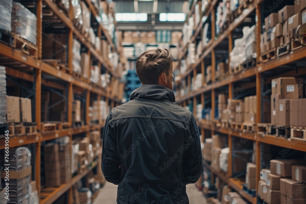 salesman in a hardware warehouse standing checking scan box in ...