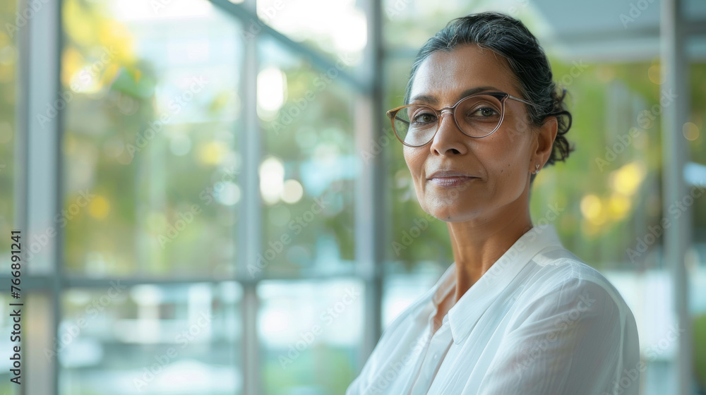 Beautiful 45 years old gentle Indian brunette woman, wearing glasses ...