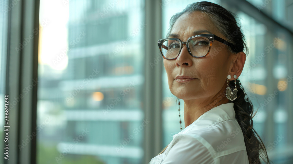 Beautiful 45 years old gentle Native American woman, wearing glasses ...