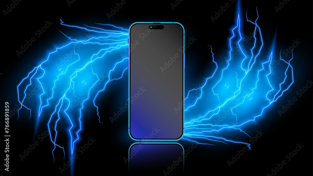 Lightning strikes a smartphone. Glowing blue lightning bolt with ...