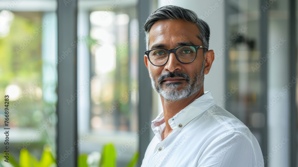 Handsome 45 years old gentle Indian man, wearing glasses, formal slick ...