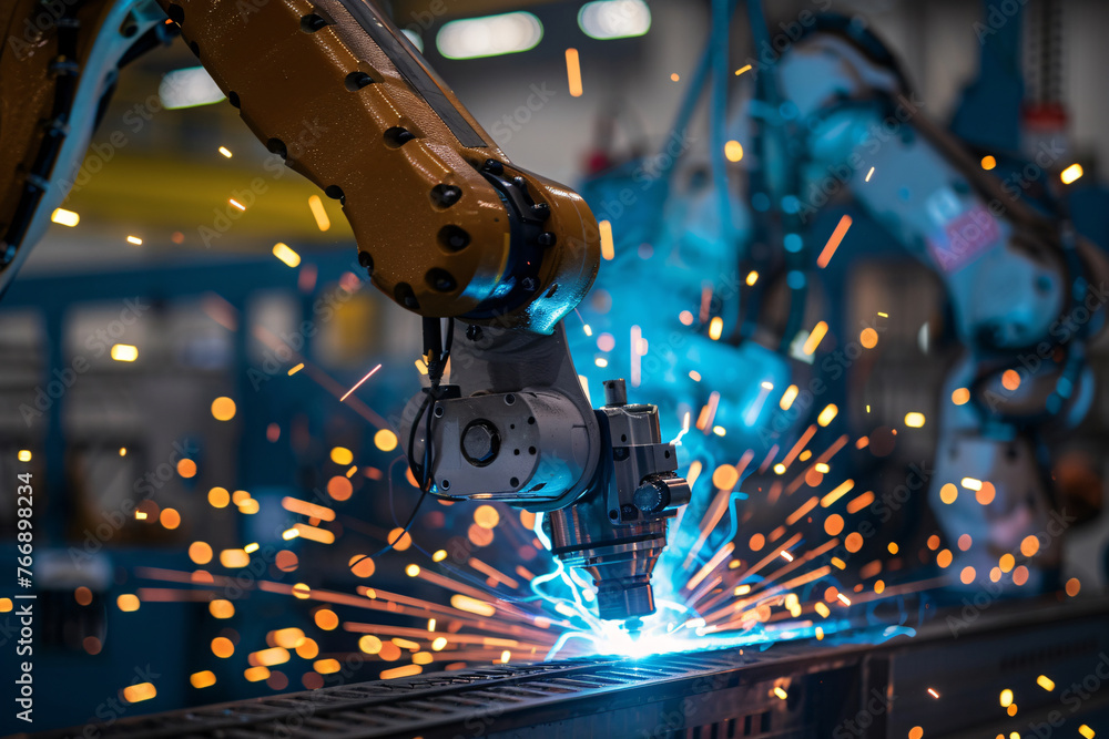 Industrial robot working on factory assembly line, 3D rendering of ...