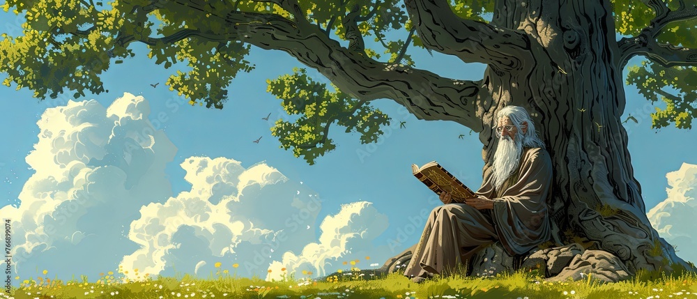 An idyllic scene featuring a wise, bearded old wizard engrossed in an ...