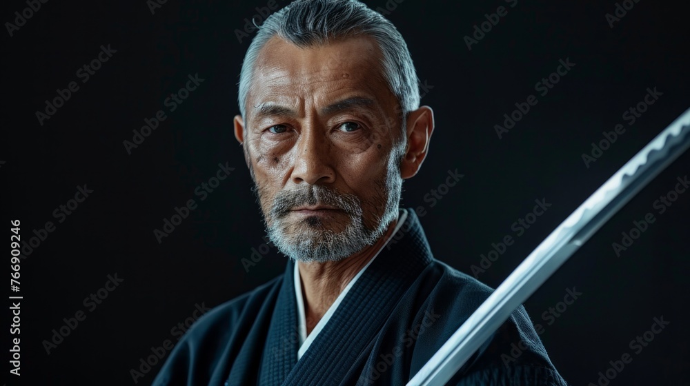 Portrait of sensei master with black sensei belt in taekwondo kimono ...