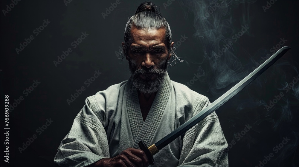 Portrait of sensei master with black sensei belt in taekwondo kimono ...