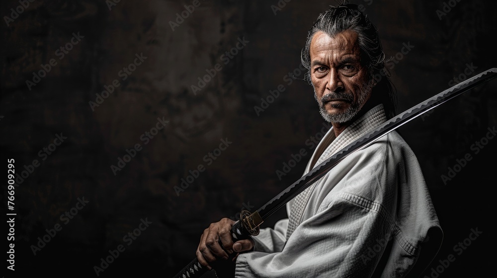 Portrait of sensei master with black sensei belt in taekwondo kimono ...