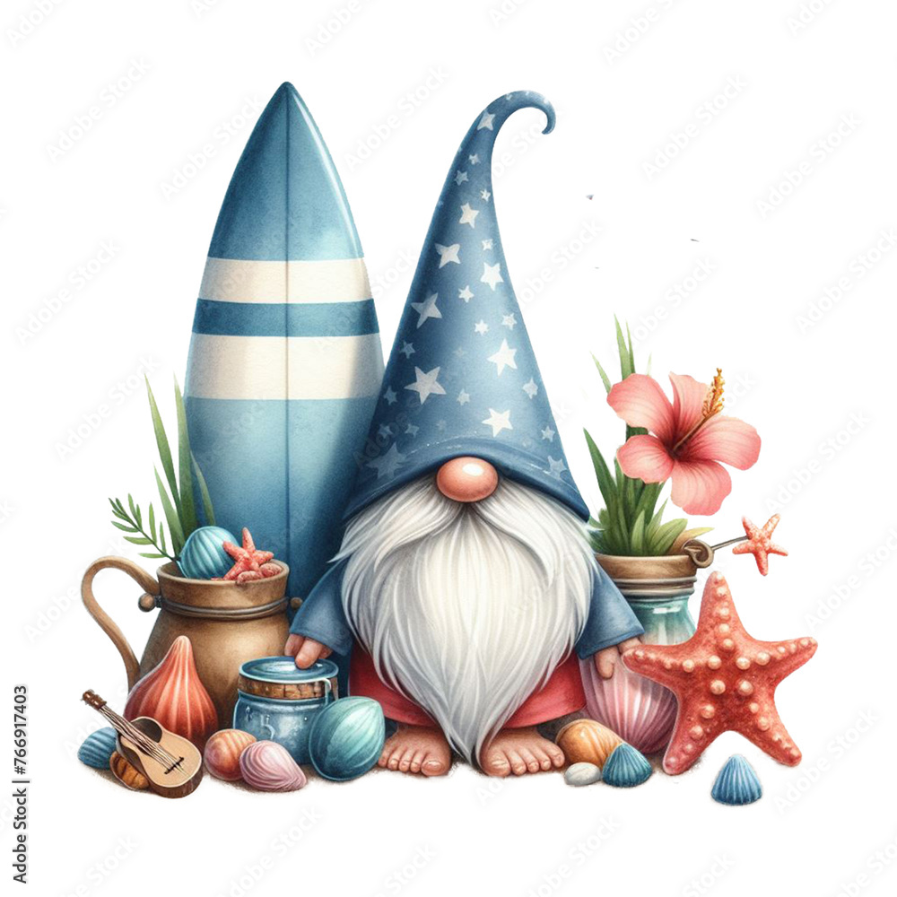 Watercolor cute gnome surfboard spring summer clipart at beach on ...