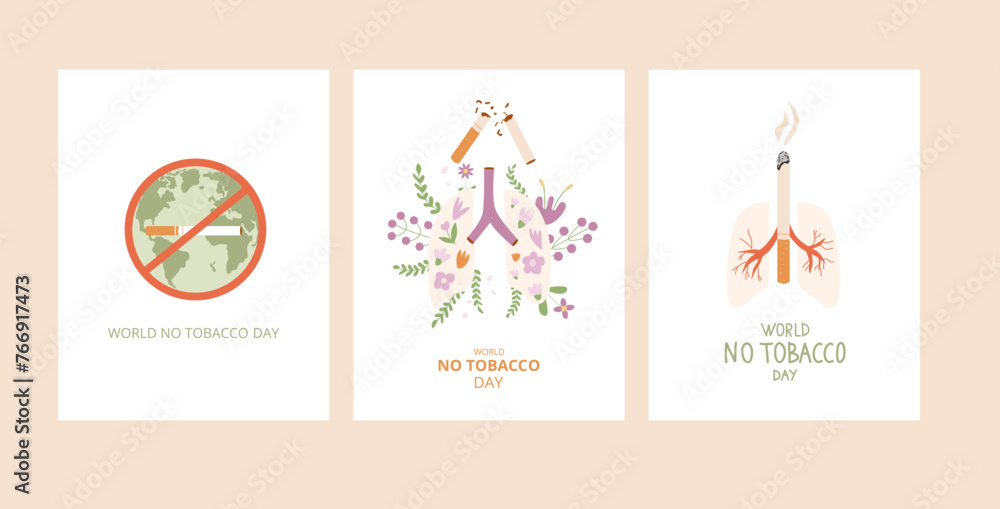 World no tobacco day cards set. Stop smoking banner. Cigarette, lung ...