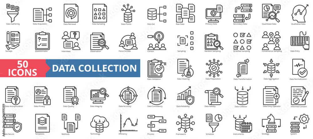 Data collection icon collection set. Containing gathering, acquisition ...