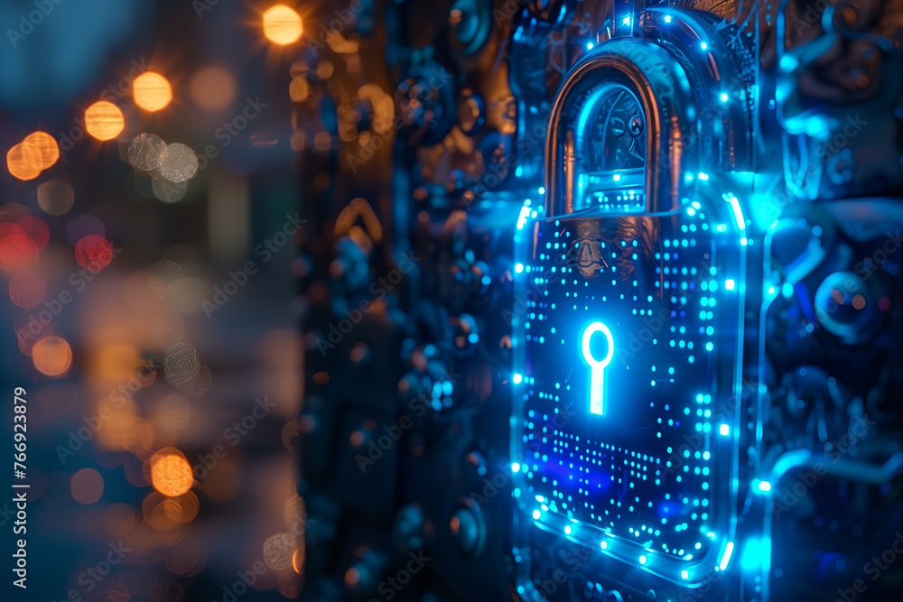 Network technology digital security lock with neon blue, padlock ...