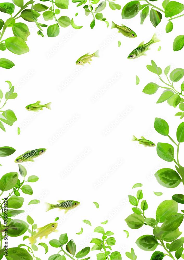 A template for a flyer, white background, a few cartoon green zebrafish ...