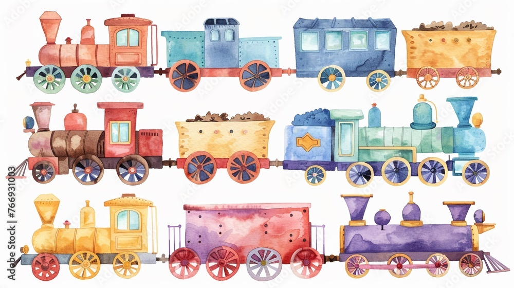 Playful watercolor collection of toy trains, clipart isolated, for fun ...