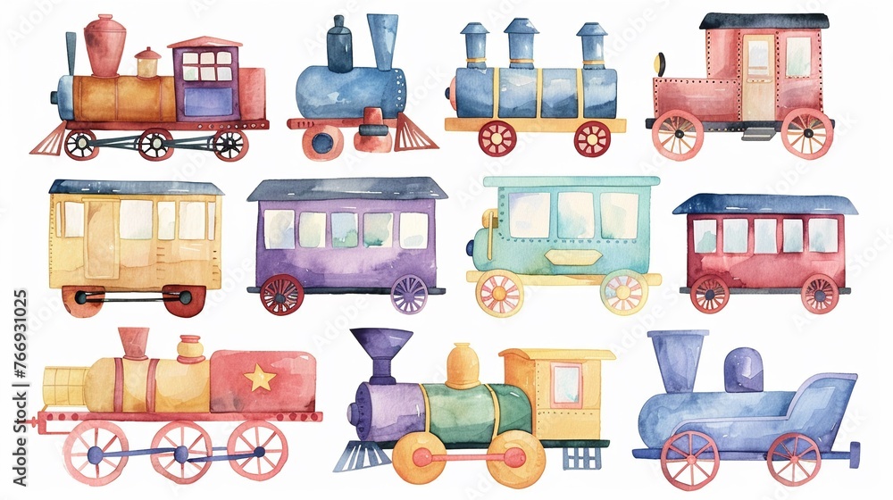 Playful watercolor collection of toy trains, clipart isolated, for fun ...