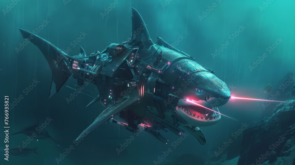 An enthralling 3D rendering presents a futuristic robotic shark adorned ...