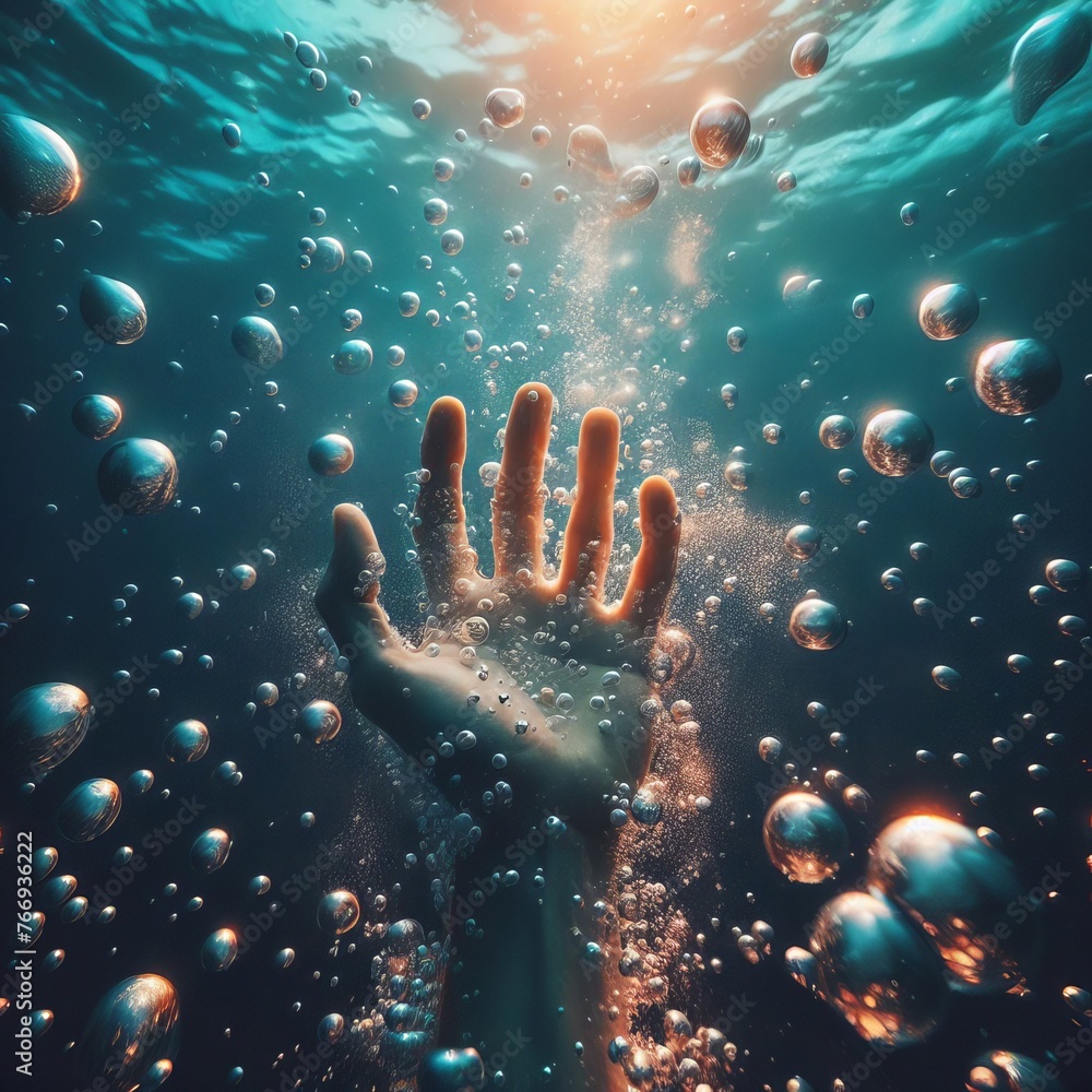 A sunlit hand emerges amidst a trail of bubbles underwater, capturing a ...