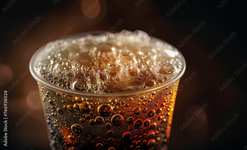 A glass of soda with bubbles on top. The bubbles are small and ...