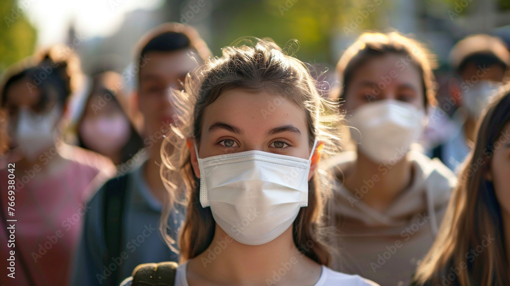 Young Girl Wearing Face Mask Among Crowd. A young girl stands out in a ...