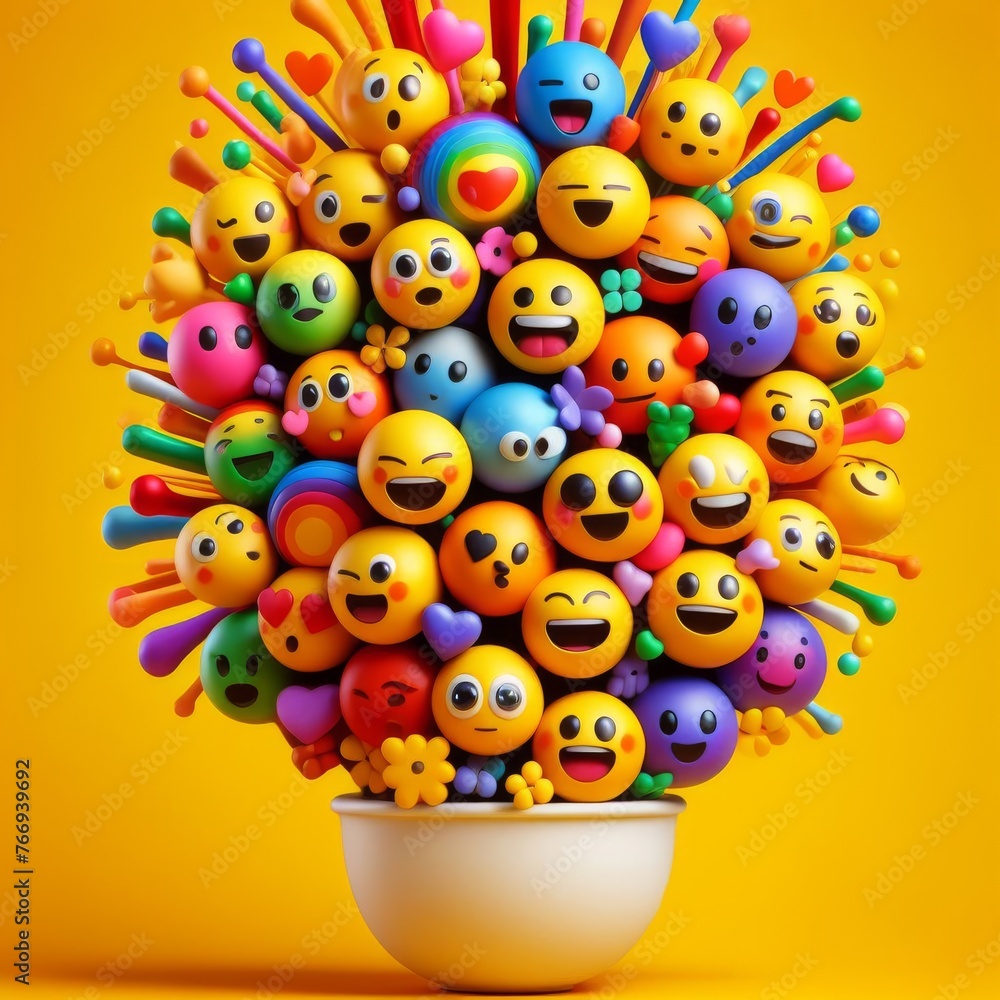 A diverse collection of 3D emojis pop with lively colors from a pot ...
