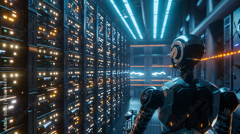 a server room, with rows of servers where humanoid and non humanoid ...