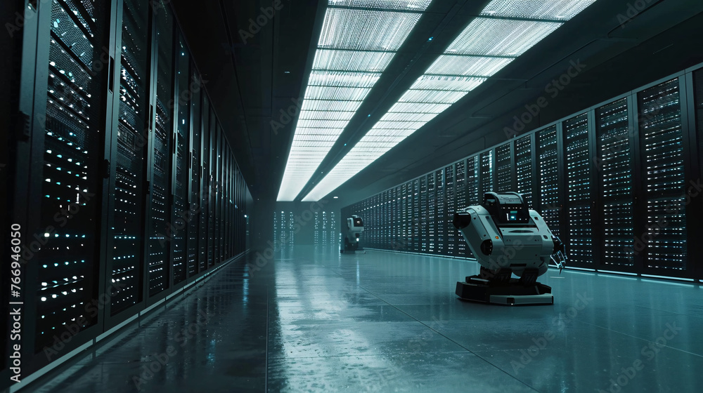 a server room, with rows of servers where humanoid and non humanoid ...